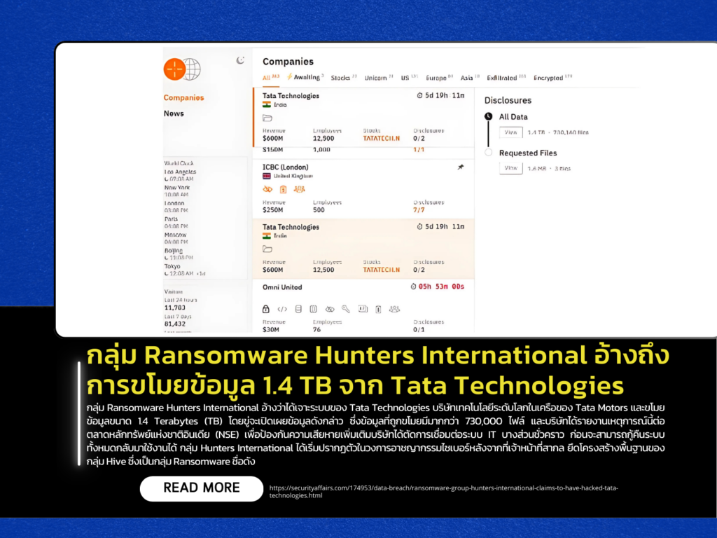 กลุ่ม Ransomware Hunters International อ้างถึงการขโมยข้อมูล 1.4 TB จาก Tata Technologies ...